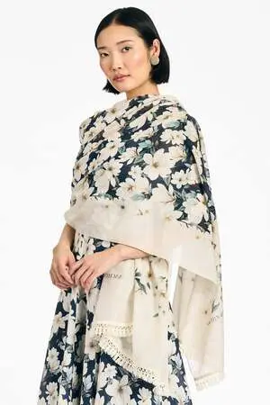 Sachin & Babi Florie Blue Ivory Floral Cotton Silk Scarf - Midnight Magnolia