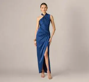 Aidan Mattox Asymmetrical Draped Halter Gown With Metallic Hardware - Navy