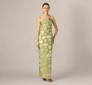 Aidan Mattox Strapless Draped Floral Jacquard Column Gown - Fern