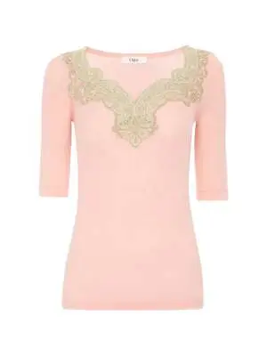 Chloé Wool Rib Knit & Guipure Lace Sweater