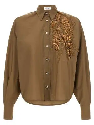 Brunello Cucinelli Embellished Cotton Blend Poplin Shirt - Cream