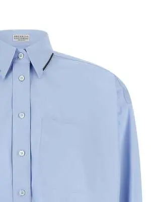 Brunello Cucinelli Cropped Cotton Shirt With Shiny Trim - Blue