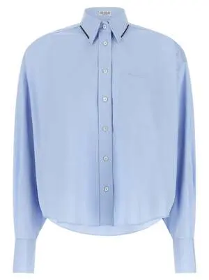Brunello Cucinelli BRUNELLO CUCINELLI Cropped Cotton Shirt With Shiny Trim Blue