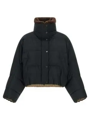 Brunello Cucinelli Quilted Down Cropped Jacket With Removable Sheepskin Collar - Black