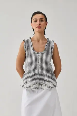 REISTOR Embroidered Peplum Top In Grey Check - Red