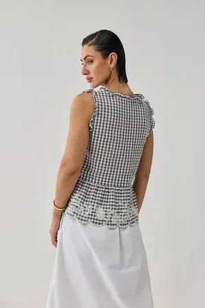 REISTOR Embroidered Peplum Top In Grey Check