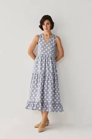 REISTOR Tiered Midi Dress In Polka Dots - Blue