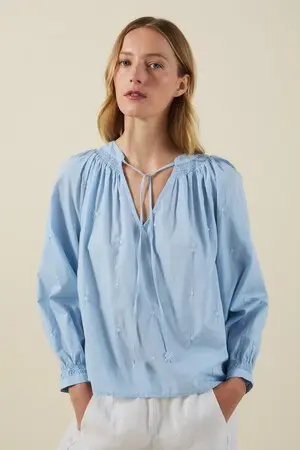 Velvet By Graham & Spencer Sylvie Embroidered Cotton Poplin Peasant Blouse - Blue