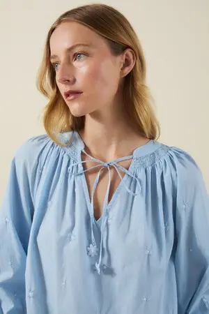 Velvet By Graham & Spencer Sylvie Embroidered Cotton Poplin Peasant Blouse