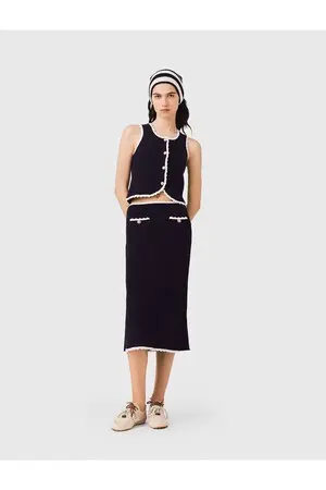 Maje Midi Skirt With Crochet Trim - Black