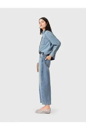 Maje Cropped Denim Shirt With Silver Metallic Logo Detail