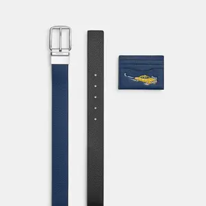 COACH OUTLET Coach Boxed Card Case And Belt Set With Car Print - Silver/deep Blue Multi