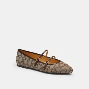 COACH OUTLET Coach Signature Jacquard Double Buckle Mary Jane Flats - Oak/maple