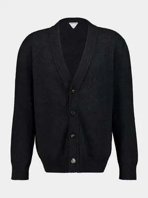 Bottega Veneta Anthracite Cashmere Cardigan With Woven Elbow Patches