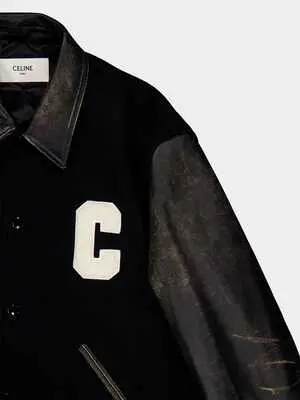 Celine Buttoned Wool Felt Jacket With Leather Sleeves
