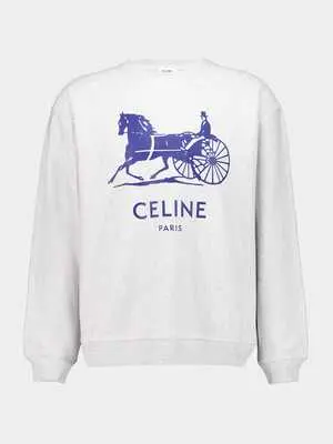 Celine Relaxed Fit Fleece Cotton Sweatshirt With Graphic Logo - Grey