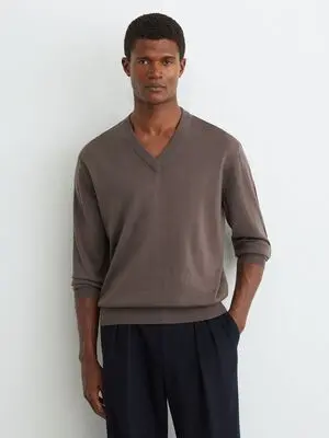 REISS Merino Wool V-neck Jumper - Ridge Brown