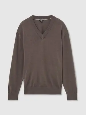 REISS Merino Wool V-neck Jumper - Ridge Brown
