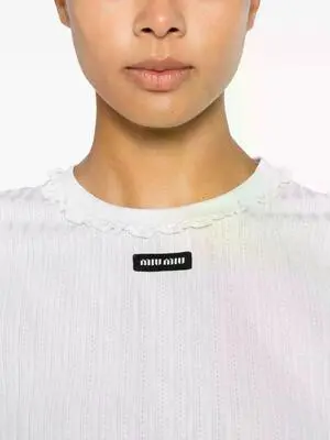 Miu Miu Ribbed Knit Silk T-shirt With Ruffle Trim