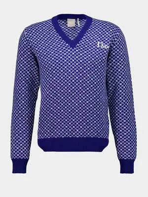 Dior Wool V-neck Sweater With Geometric Pattern - Blue