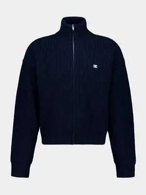 Celine Zipped Ribbed Virgin Wool Cardigan - Blue
