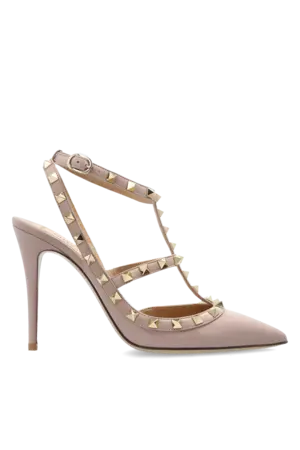 Valentino Garavani Leather Heeled Sandals With Studs - Beige