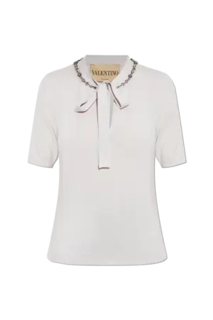 Valentino Garavani Wool Knit Top With Crystal Embellished Neckline And Bow Detail - Grey