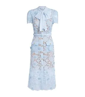 SELF-PORTRAIT Lace Tie-neck Midi Dress - Blue