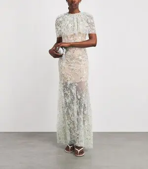 SELF-PORTRAIT Crystal-embellished Cape Maxi Dress - Green