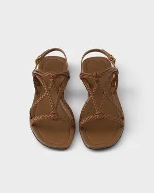 Prada Flat Braided Leather Sandals - Camel