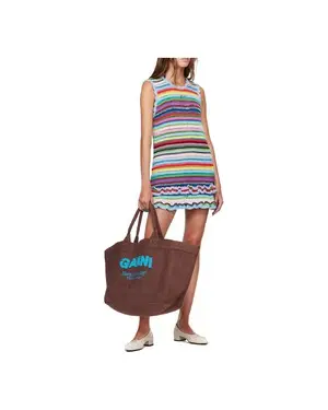 GANNI Striped Crochet Dress With Ruffled Hem