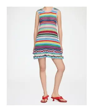 GANNI Striped Crochet Dress With Ruffled Hem