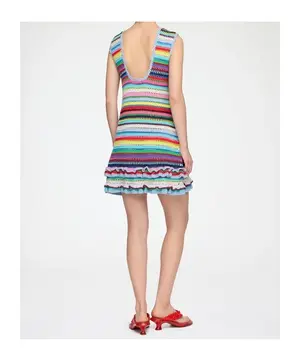 GANNI Striped Crochet Dress With Ruffled Hem
