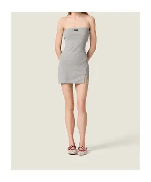 Miu Miu Off-shoulder Mini Dress With Side Slit - Grey