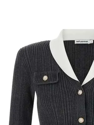 SELF-PORTRAIT Ribbed Cardigan With Jewel Embellishments - Gray