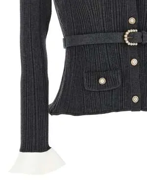 SELF-PORTRAIT Ribbed Cardigan With Jewel Embellishments - Gray
