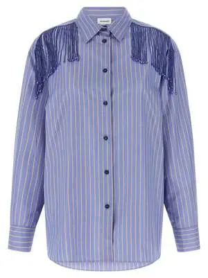 Andamane Miley Striped Cotton Poplin Shirt With Beaded Fringe Detail - Blue