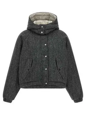Brunello Cucinelli Donegal Tweed Down Jacket With Shiny Zipper Pull - Gray