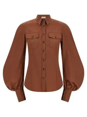Brunello Cucinelli Stretch Cotton Poplin Shirt With Balloon Sleeves - Brown