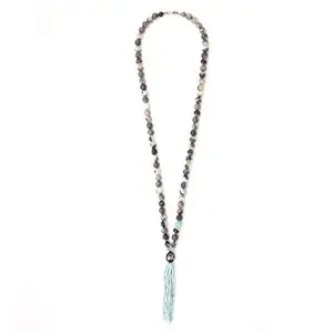 SHAR OKE Natural Amazonite & Larimar Tasseled Beaded Necklace - Black/blue