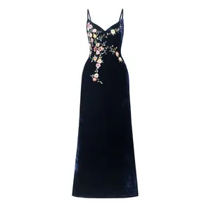 SILK AND BEARS Hand-embroidered Velvet Maxi Dress - Blue