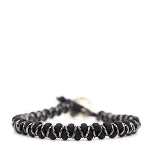 SHAR OKE Black Matte Czech & Leather Beaded Bracelet With Antique Silver Button - Silver/black