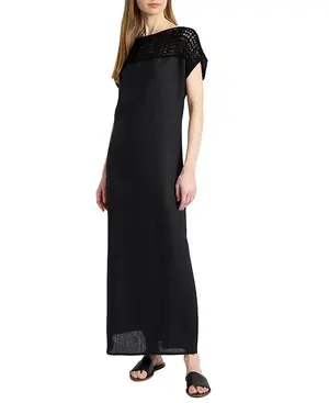 Santorelli Crocheted Cap Sleeve Linen Maxi Dress - Black