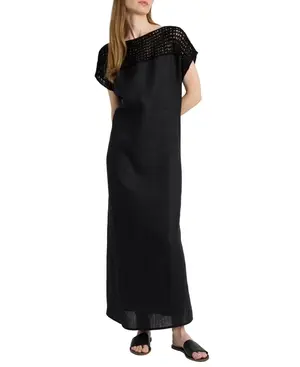 Santorelli Crocheted Cap Sleeve Linen Maxi Dress - Black