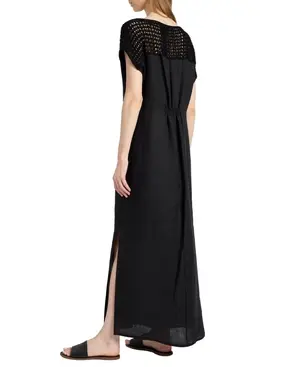 Santorelli Crocheted Cap Sleeve Linen Maxi Dress - Black