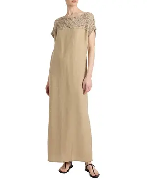 Santorelli Crocheted Cap Sleeve Linen Maxi Dress - Chai
