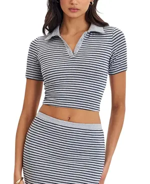 MISS CIRCLE Westley Lyocell Jersey Striped Polo Cropped Top - Grey