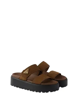 Prada Nubuck Platform Slides - Brown