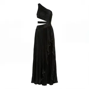 Mac Duggal One Shoulder Pleated Charmeuse Gown With Slit And Cut-outs - Black