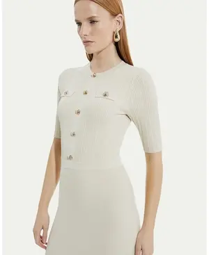 Karen Millen Rib Knit Military Trim Maxi Dress - Cream